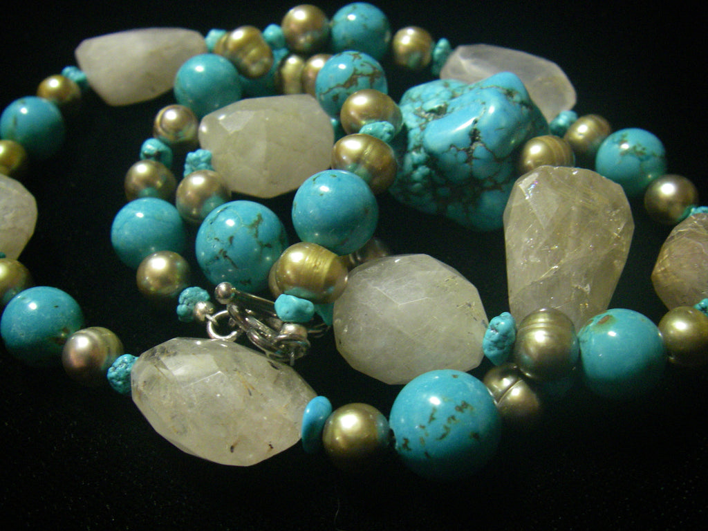 Blue Turquoise, Rutilated Quartz, Pearl, Silver Necklace – Leila ...